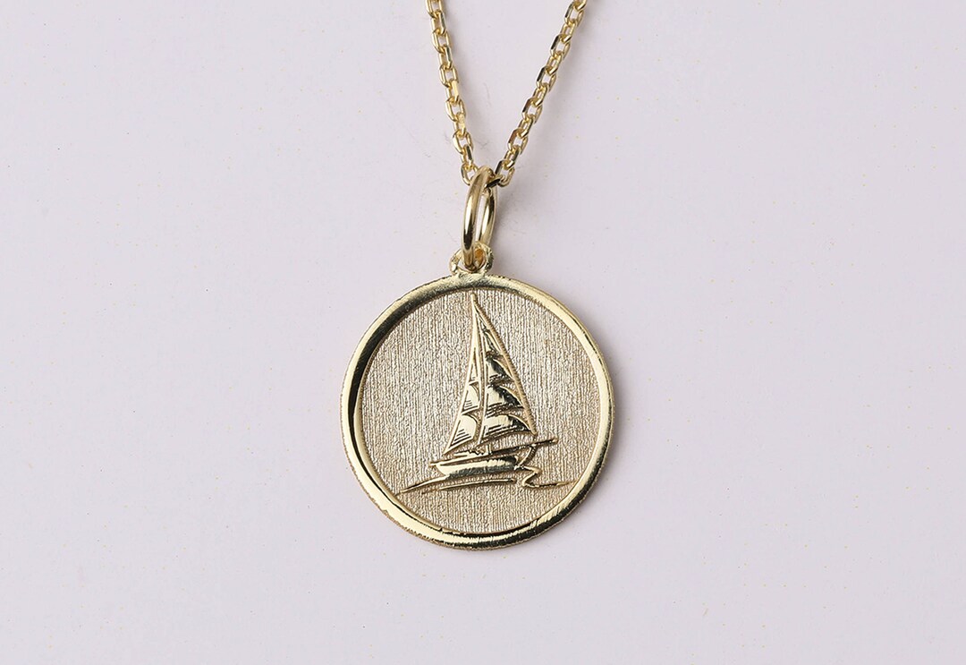 14k Gold Sailing Yacht on Wave Necklace, Personalized Sailboat Pendant ...