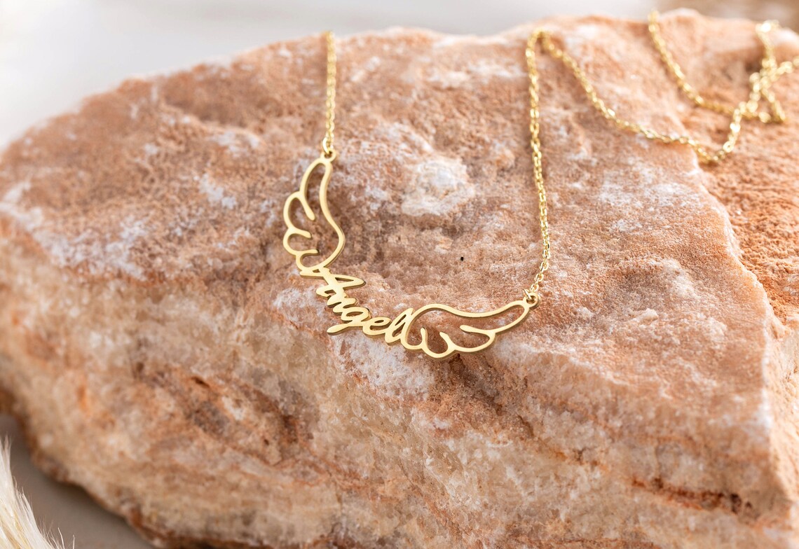 Angel Name Necklace, Angel Wing Necklace, Gift for Daughter, Angel ...