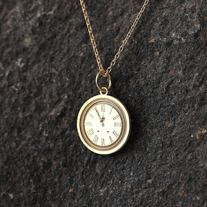 14k Gold Clock Necklace, Personalized Vintage Clock Pendant, Roman ...