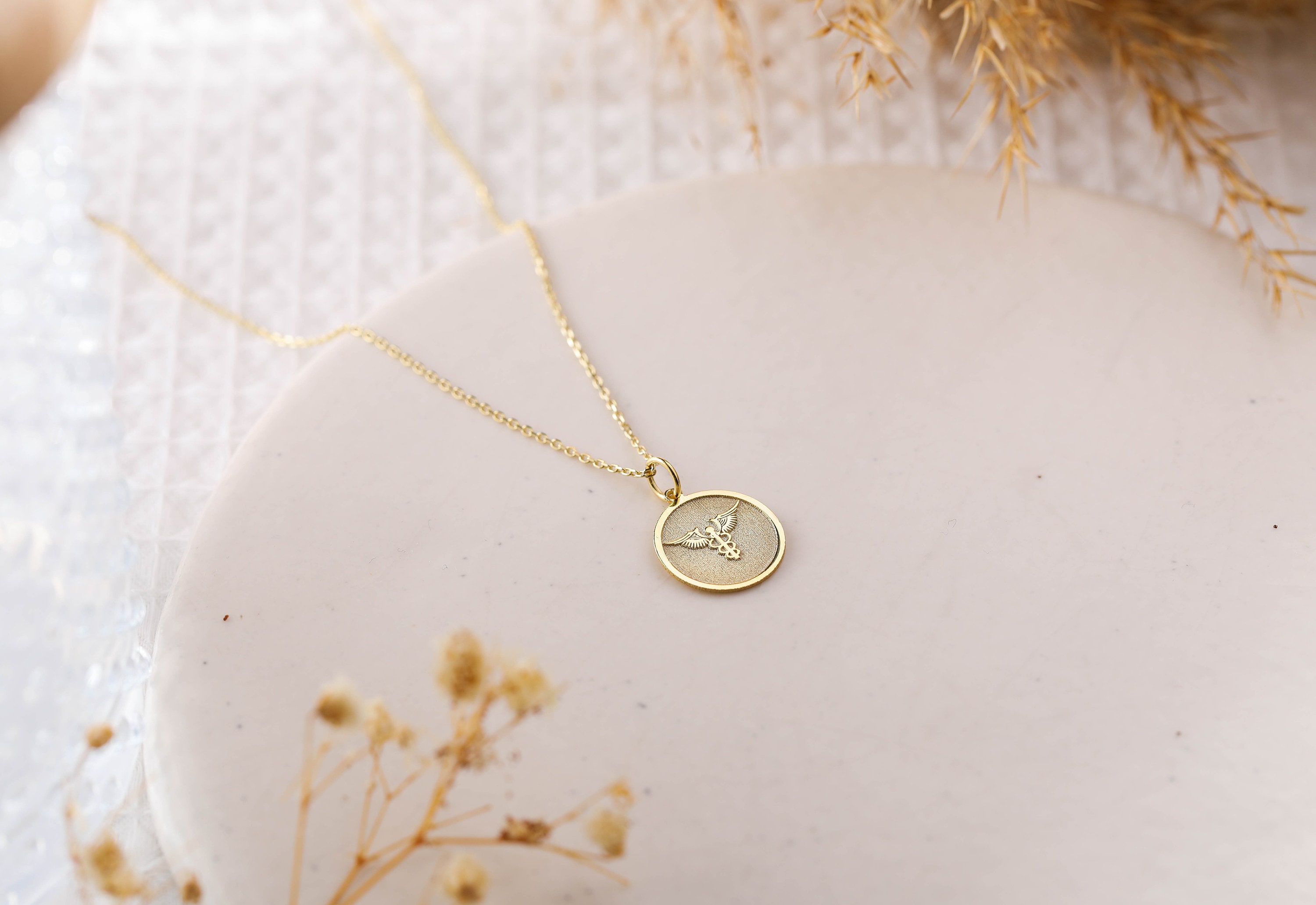 14k Gold Caduceus Symbol Necklace, Personalized Medical ID Pendant ...