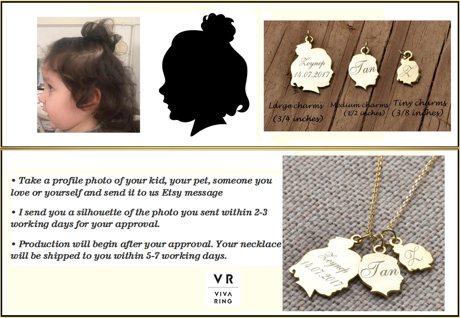 14k Solid Gold Child Face Charm Necklace Silhouette Pendant - Etsy