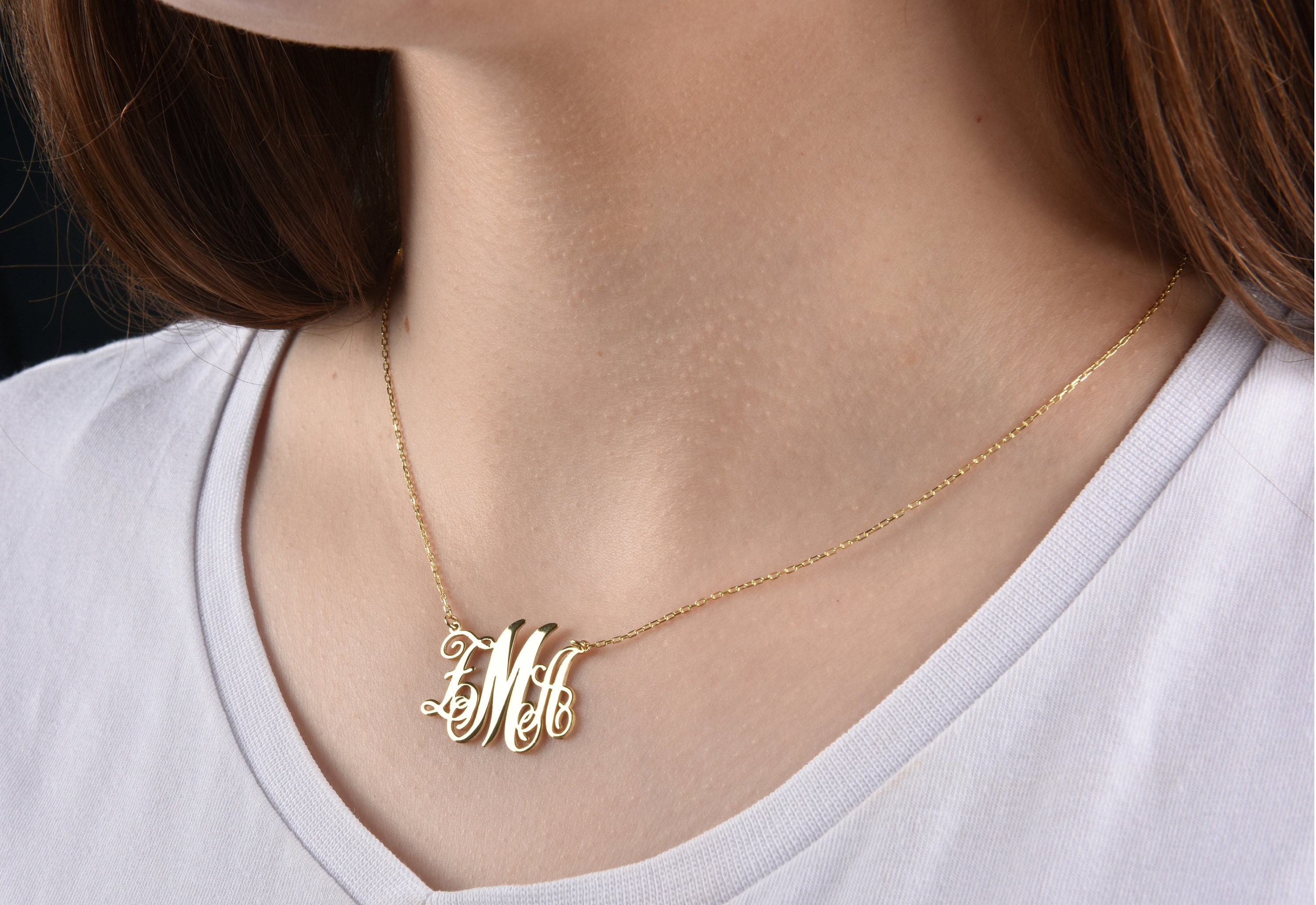 14k Gold Monogram Necklace Monogram Necklace in Gold | Etsy