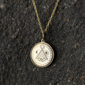 14k Gold All Seeing Eye Necklace, Personalized Pyramid Pendant, Masonic ...