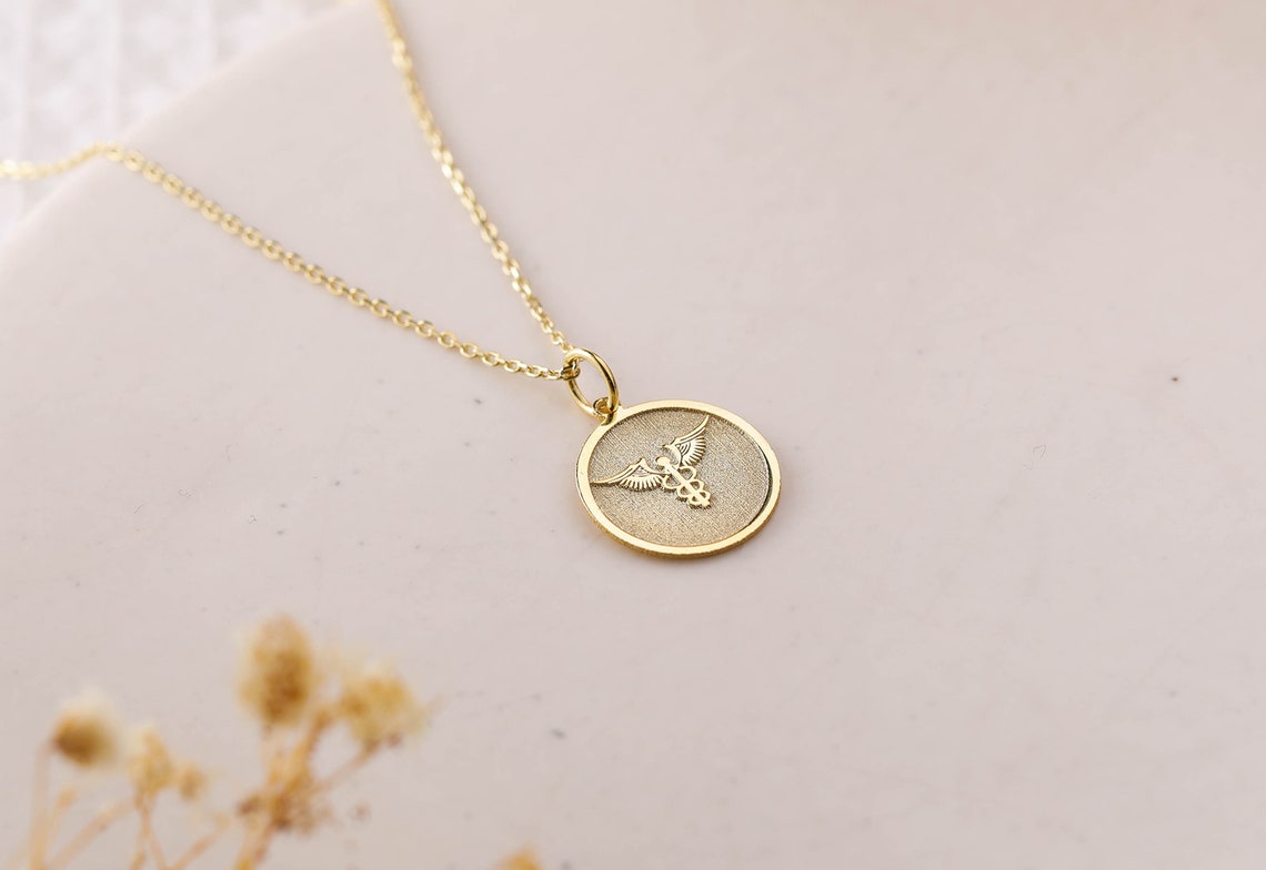 14k Gold Caduceus Symbol Necklace Personalized Medical ID | Etsy