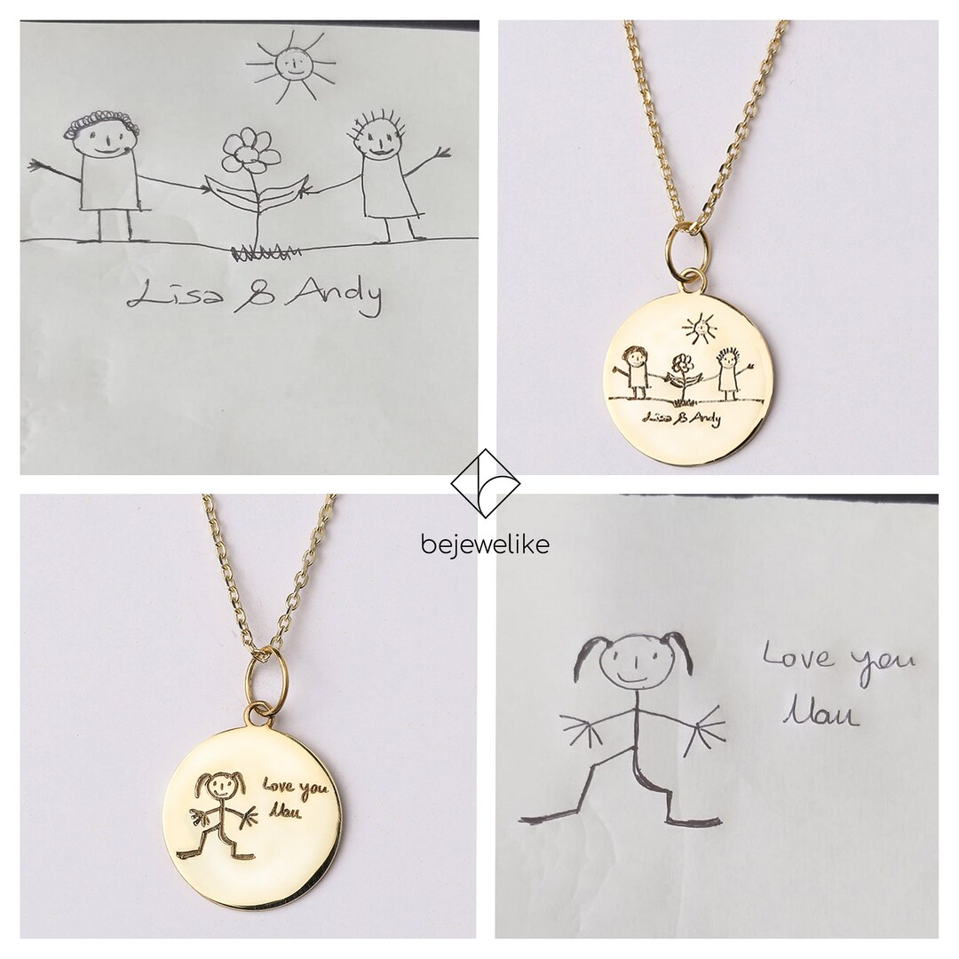 14K Gold Kids Drawing Necklace, Personalized Kids Drawing Necklace ...