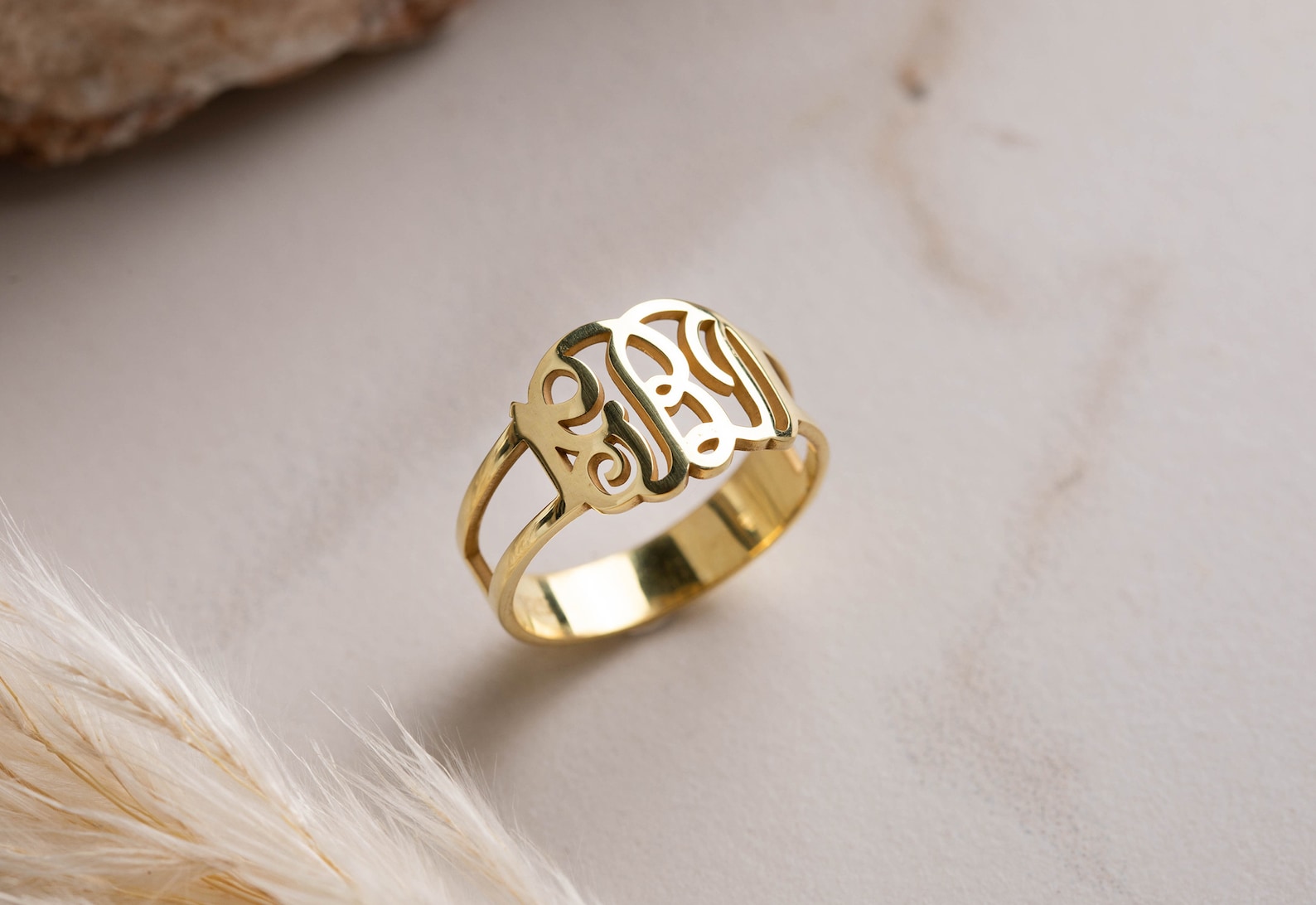 Monogram Initials Ring in 14K Gold, Personalized Monogram Gift, Trio ...