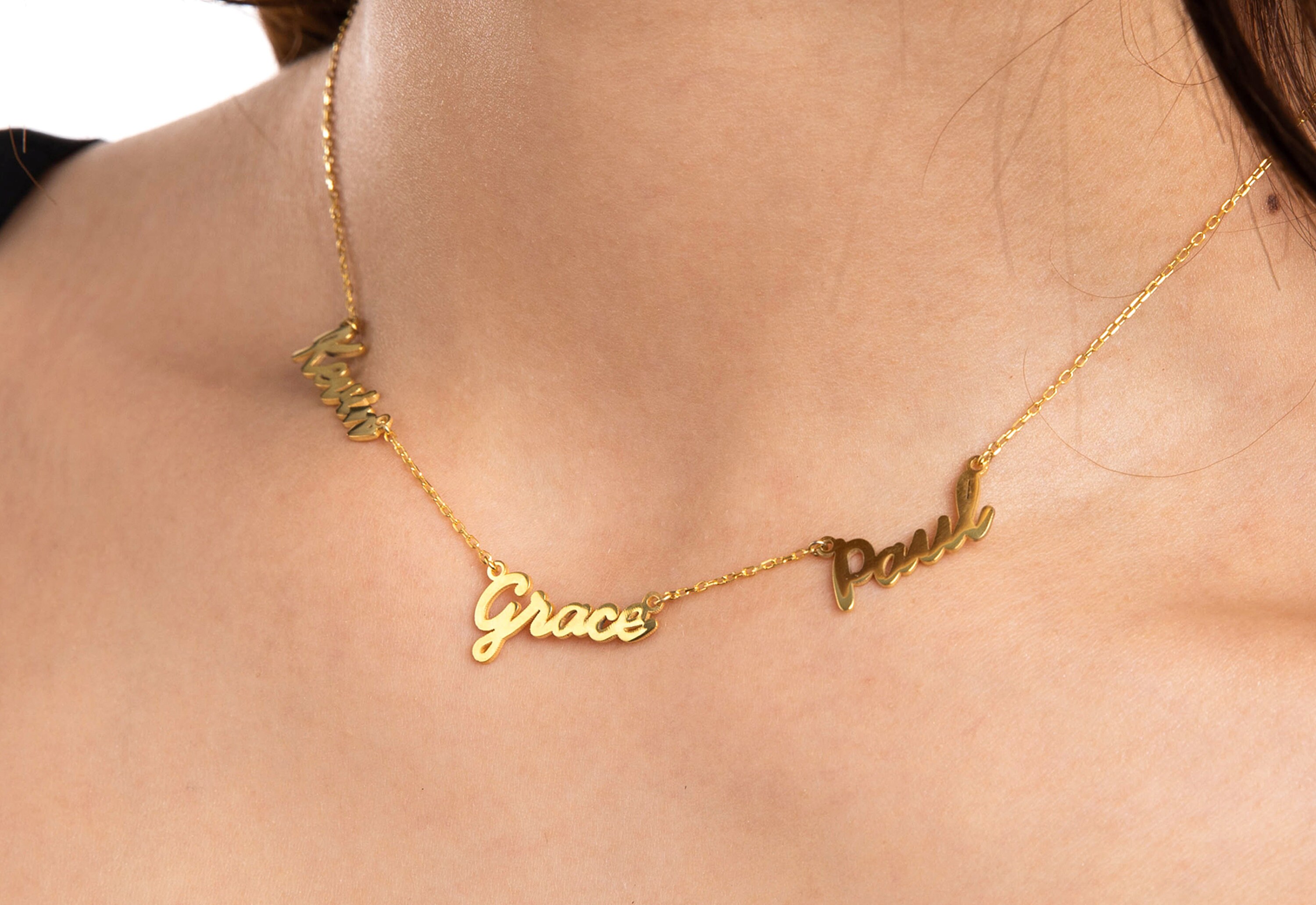 3 Name Necklace 14K Gold Custom Three Names Family Necklace | Etsy