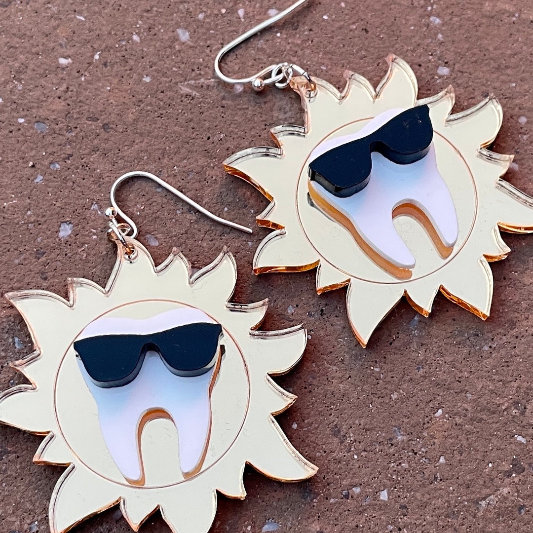 Summer Sun and Tooth Shaped Dangle Earrings, Hygienist Bling, Dental ...