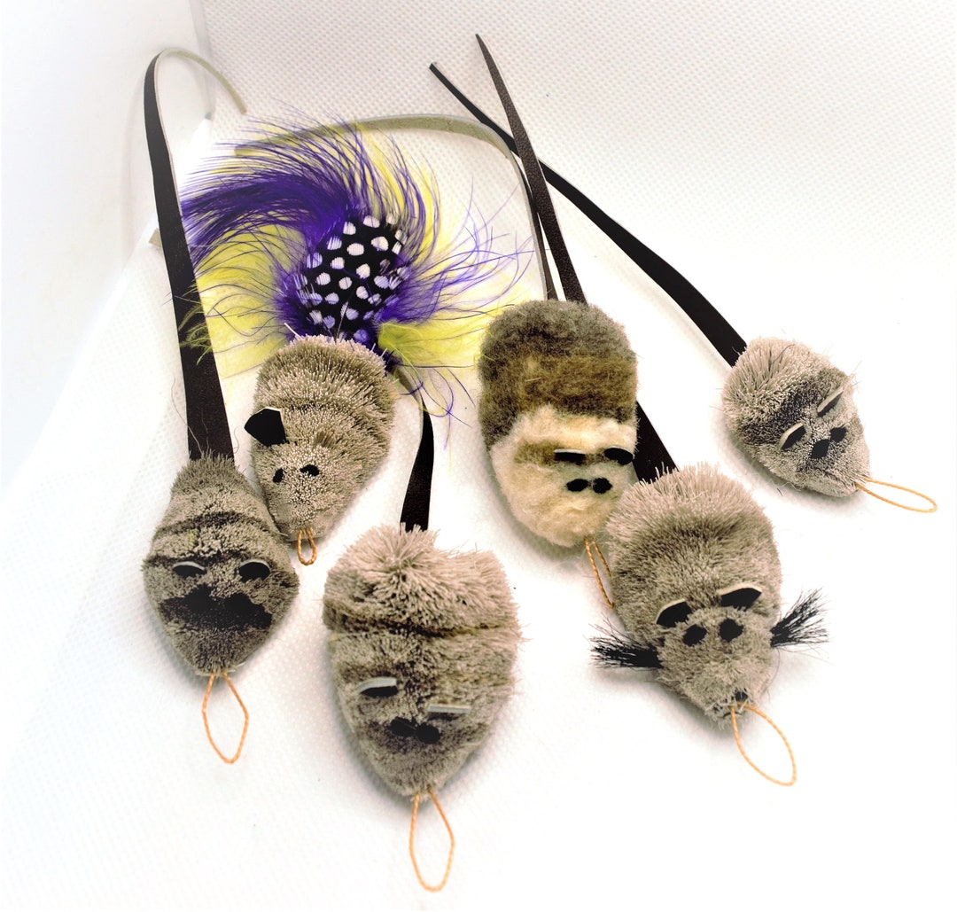 Mousing Around Cat Toy Pack: Leather, Feather & Wool Mice - 6 Piece Set ...