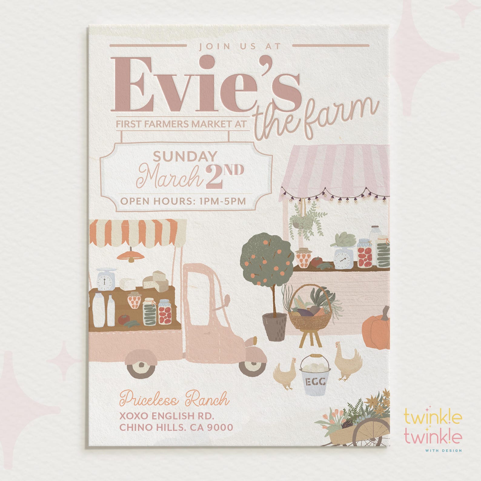 Pink Farmers Market Themed Birthday Party Invitation - Customized ...