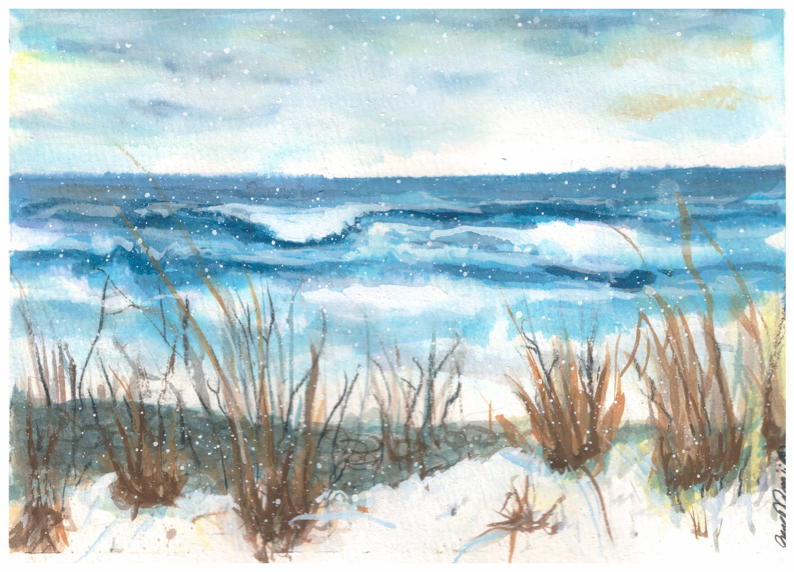 Snow on the Beach Watercolor Beach Coastal Seashore Original Painting ...