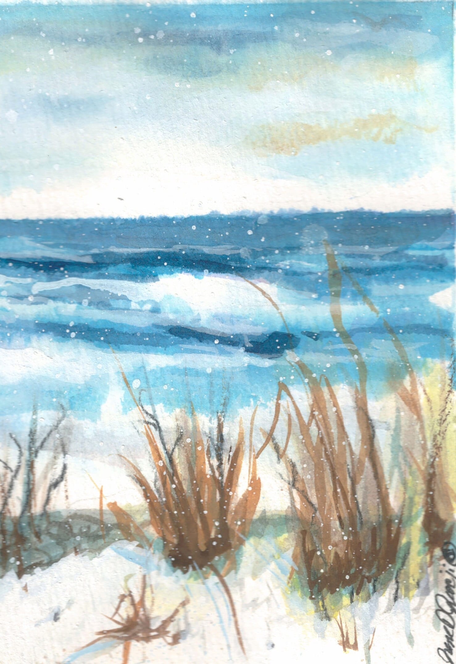 Snow on the Beach Watercolor Beach Coastal Seashore Original Painting ...