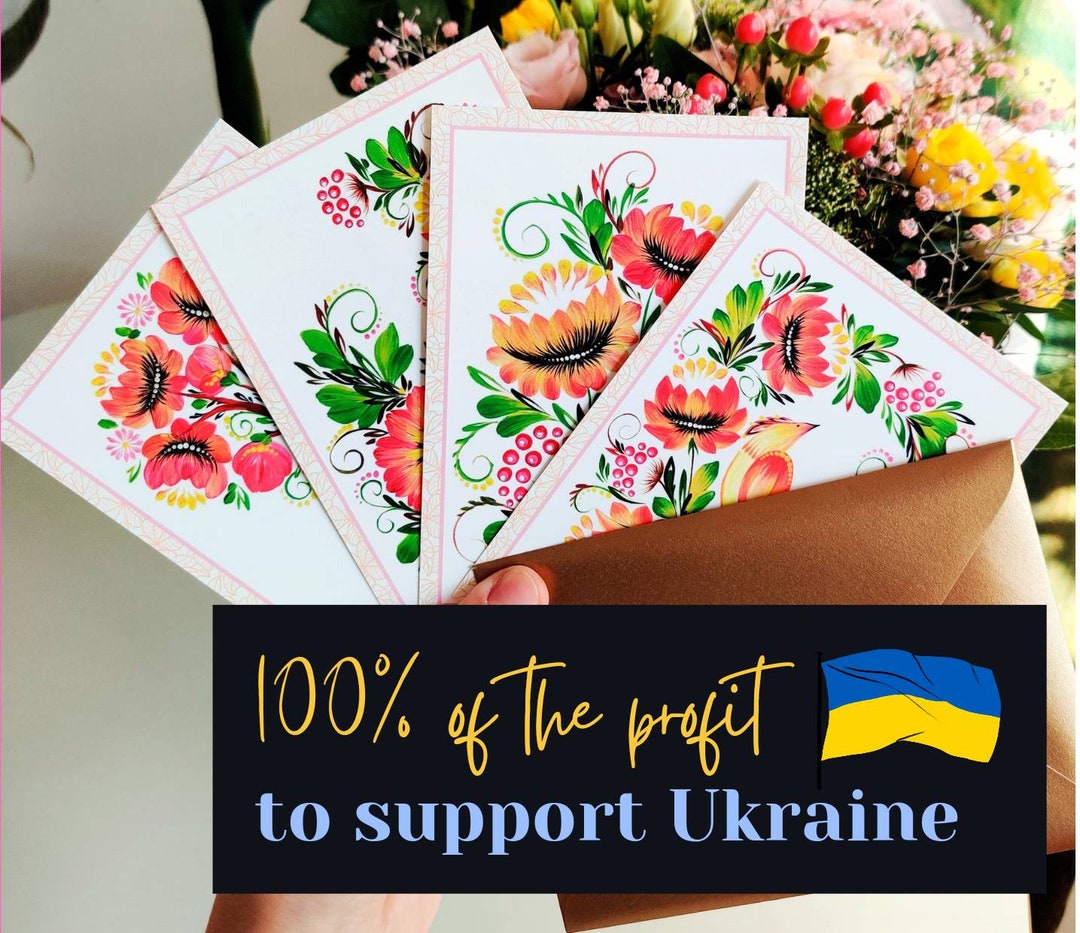 Cards Set, 4 Greeting Postcards, Printed Ukrainian Flowers Card, Red ...