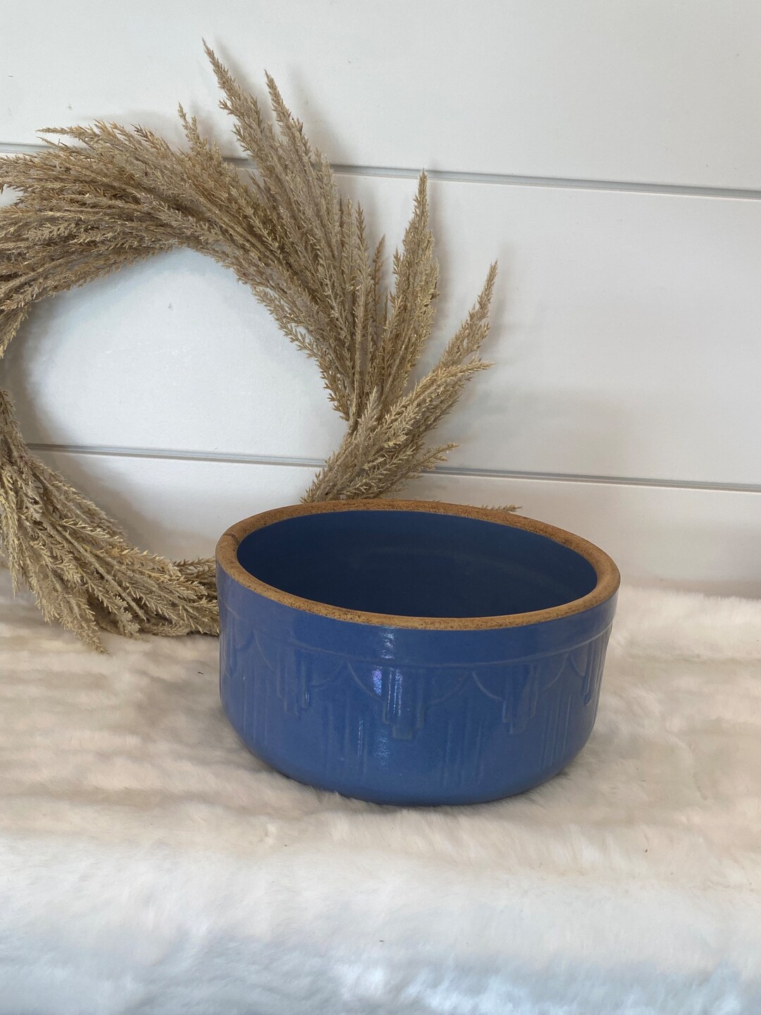 Vintage Blue Ruckel White Hall Pottery Crock: Picket Fence Stoneware ...