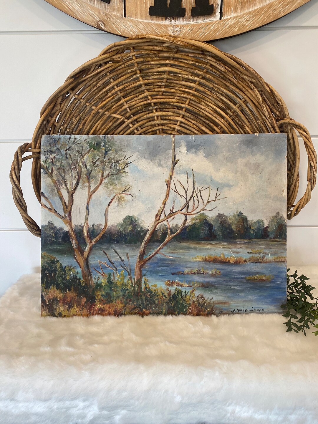 Vintage Hand Painted Scenery Painting, Vintage Scenery Painting, River ...