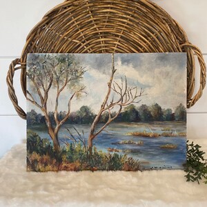 Vintage Hand Painted Scenery Painting, Vintage Scenery Painting, River ...
