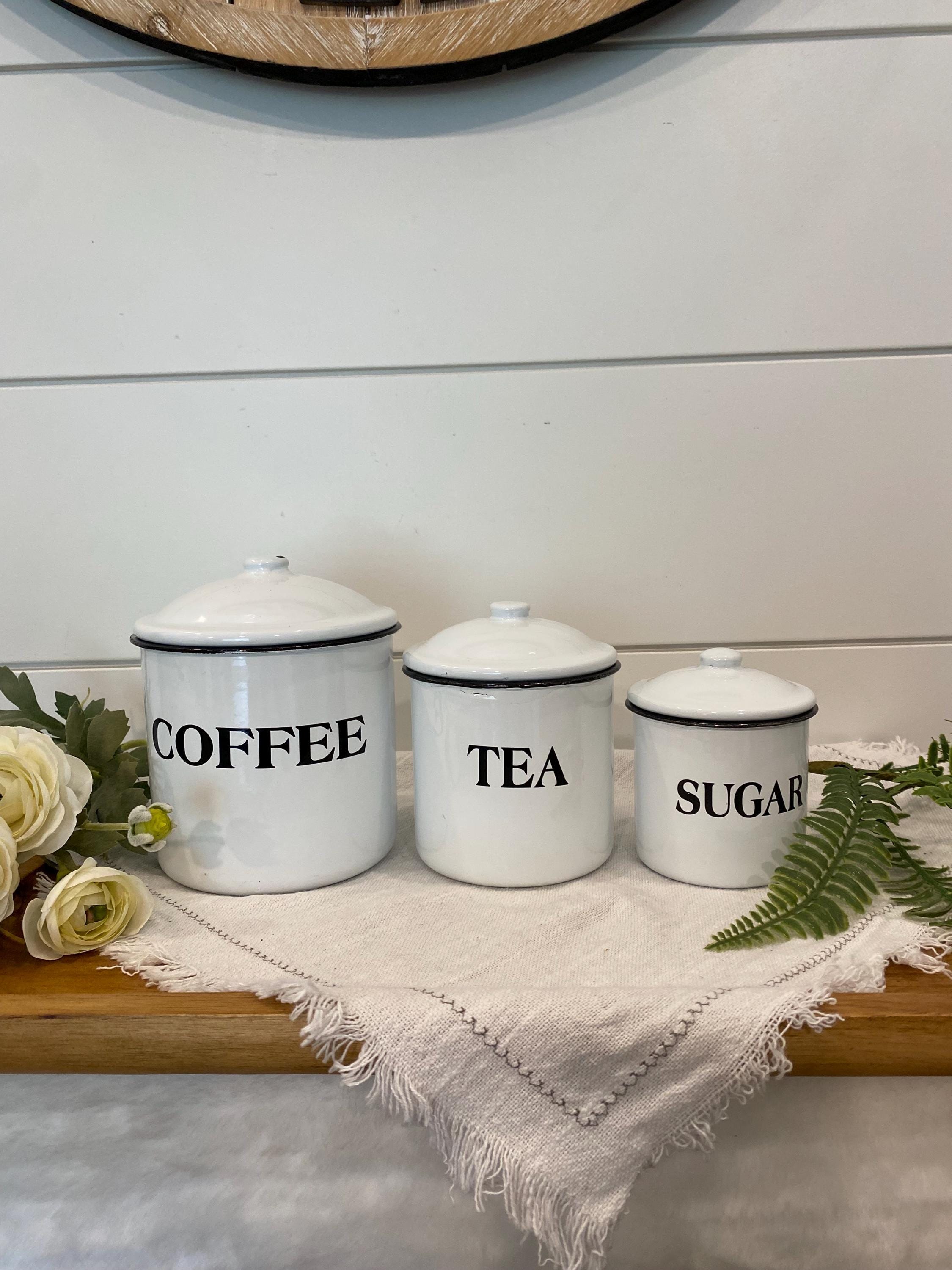 Vintage White Granite Enamelware Canister Set: French Cottage Kitchen ...