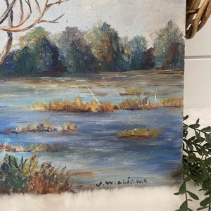 Vintage Hand Painted Scenery Painting, Vintage Scenery Painting, River ...