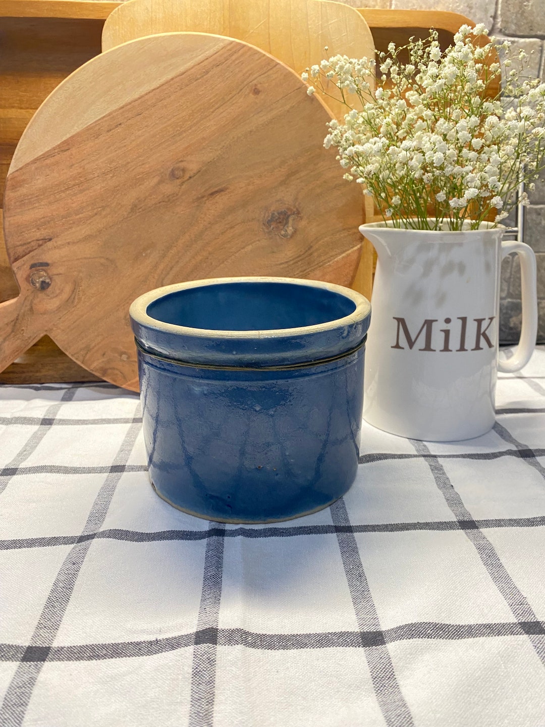 Vintage Blue Stoneware Small Crock, Vintage Crock, Candle Holder Crock ...