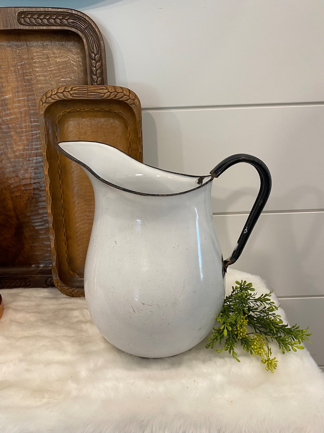 Vintage Enamelware Large Pitcher, Vintage Enamel Pitcher, White Enamel ...