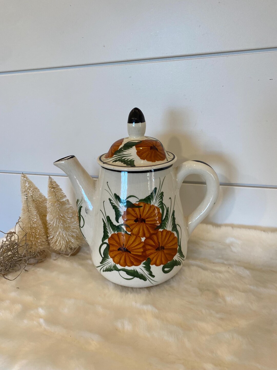 Vintage Hand Painted Teapot, Amber and Green Coffee Pot, Vintage ...