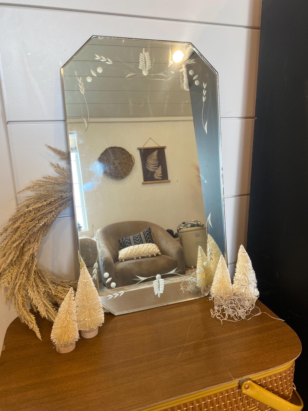 Vintage Beveled Etched Mirror, Frameless Mirror, Old Vintage Mirror ...