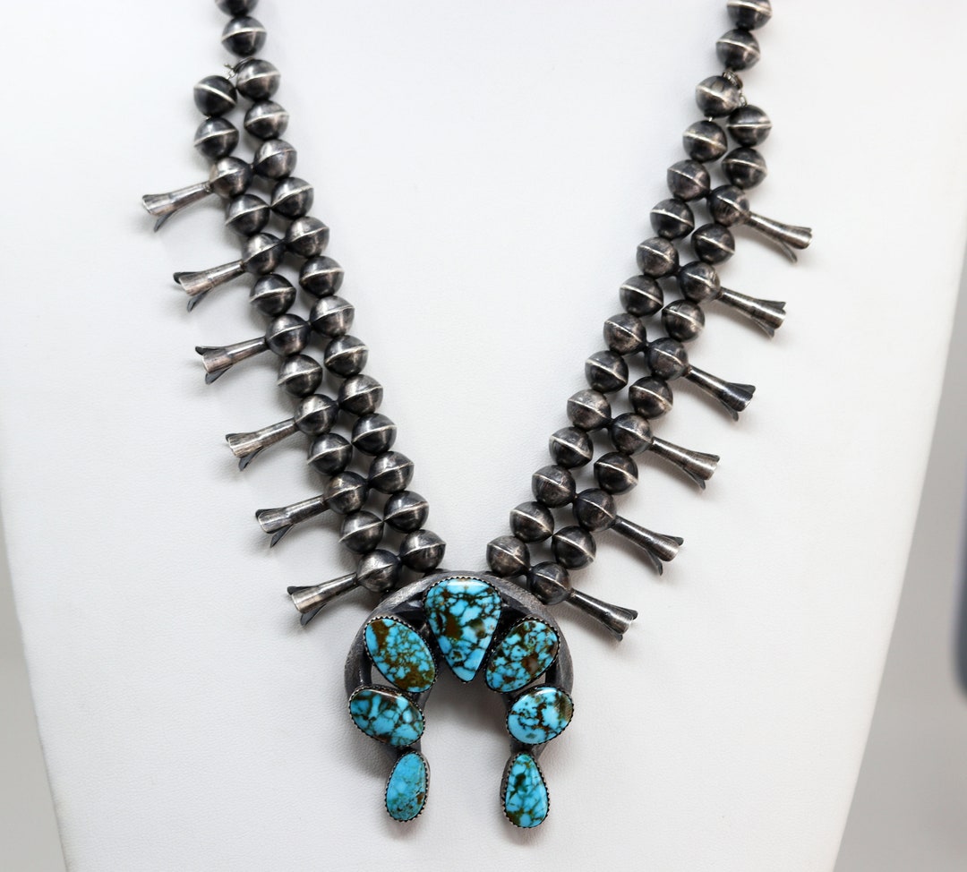 Navajo Sterling Silver Bisbee Turquoise Squash Blossom Necklace Native ...