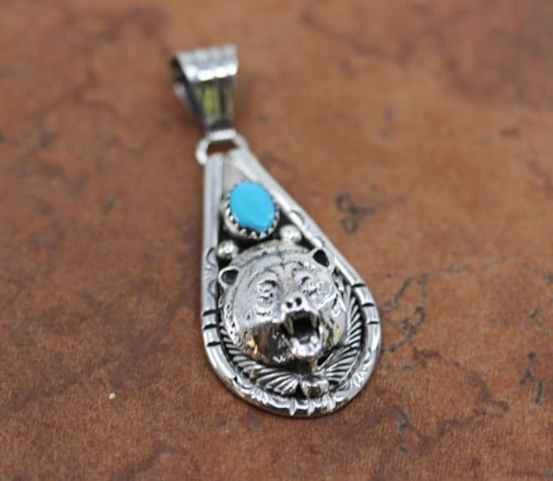 Navajo Silver Turquoise Bear Pendant Native American Jewelry - Etsy