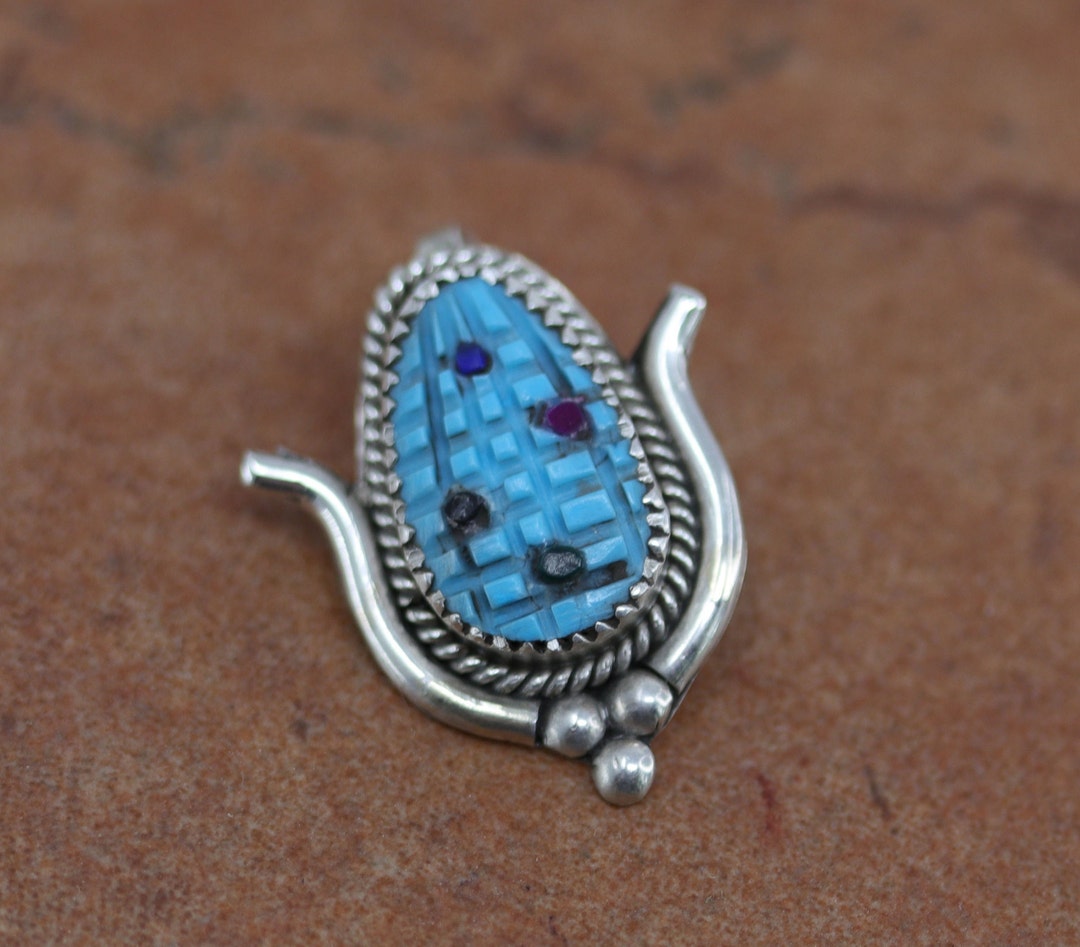 Zuni Sterling Silver Turquoise Corn Husk Pendant Native American ...