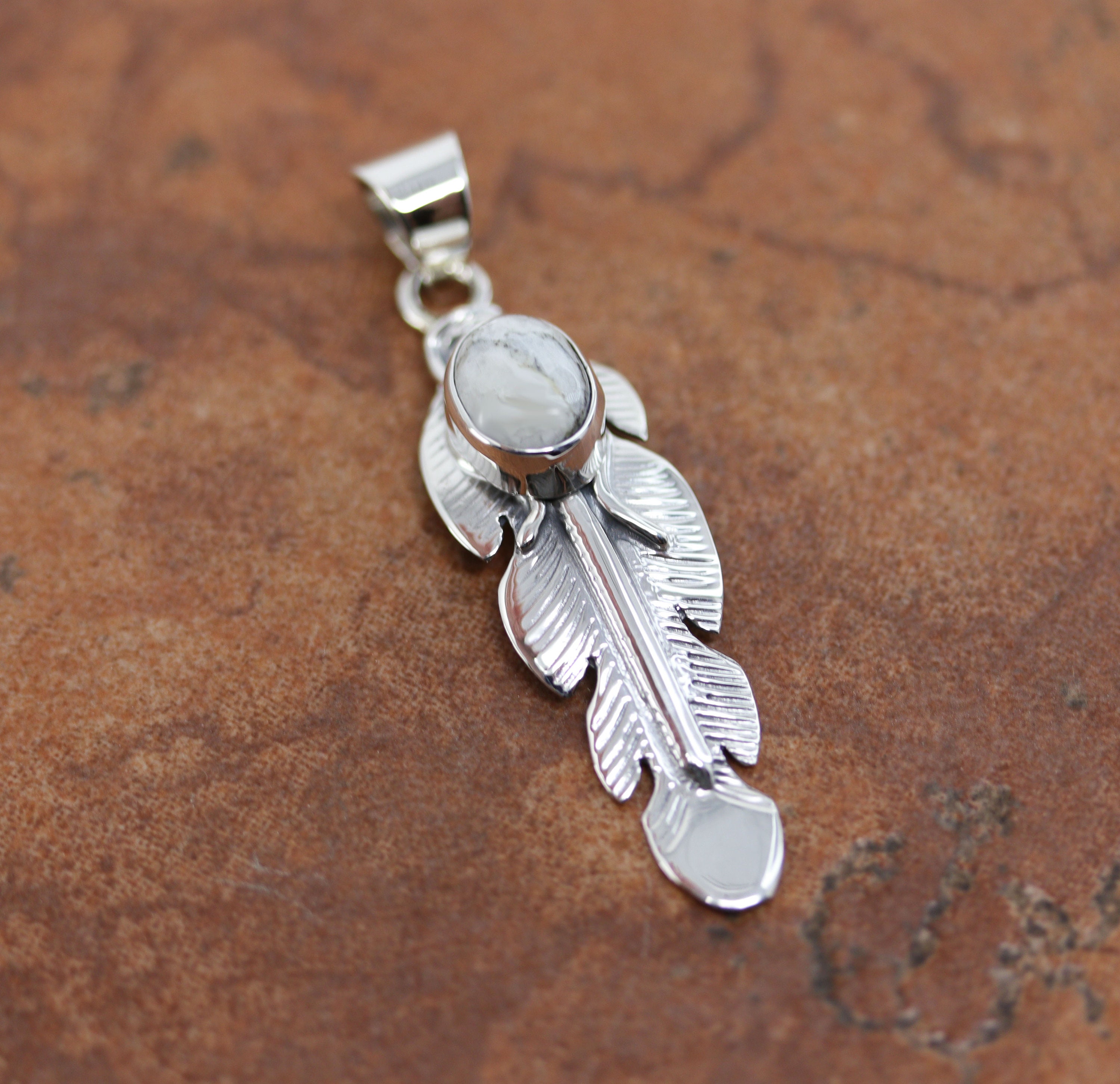 Navajo Native American Sterling Silver Howlite Feather Pendant Native ...