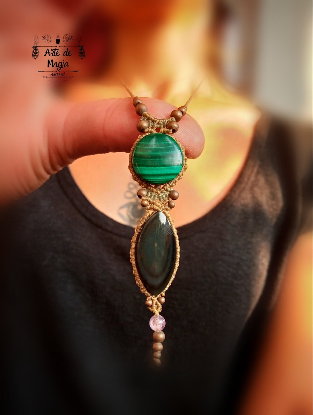 Malachite Stone Protective Amulet Necklace, Obsidian Powerful Crystal ...