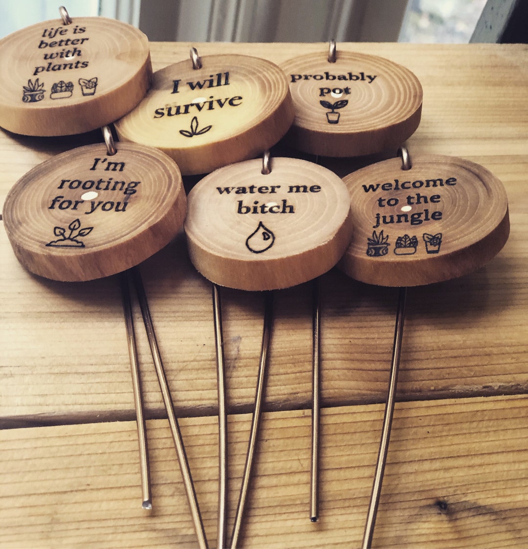 Plant Pun Garden Markers: Wood Burned Plant Stakes, Set of 6 - Etsy