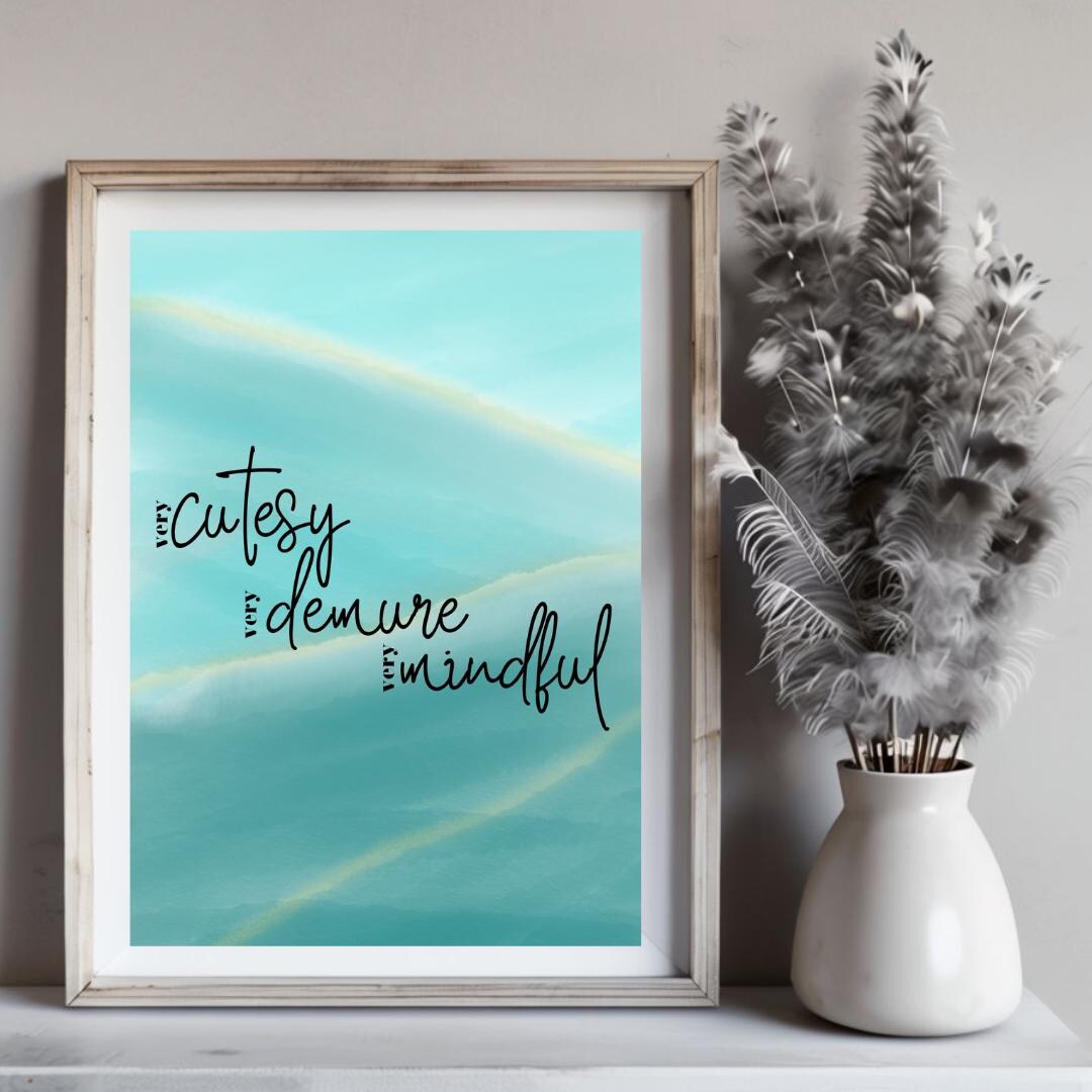 Very Cutesy Demure Mindful Digital Print; Blue Gold Watercolor Accents ...