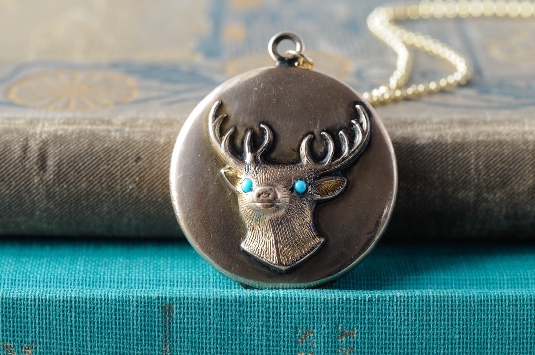 Antique Gold Filled Stag Head Locket With Turquoise Eyes, Pendant ...