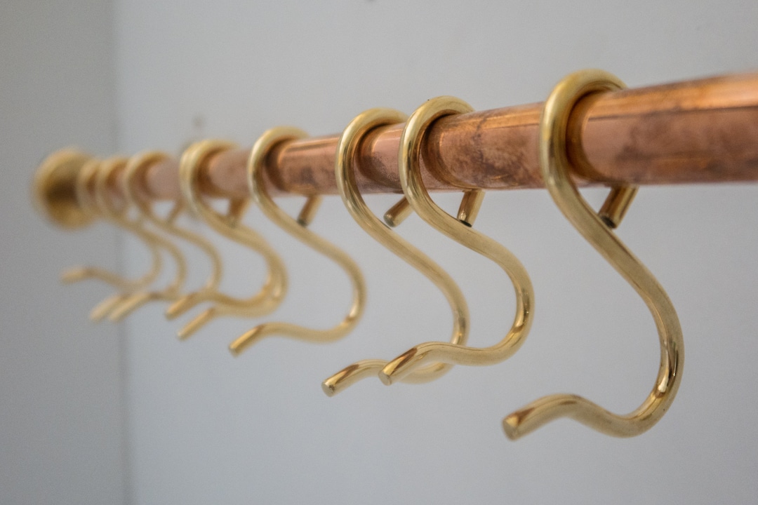 Copper Pot Rack With Brass S Hooks, Solid Copper Hanging Pot Rod, Pots ...