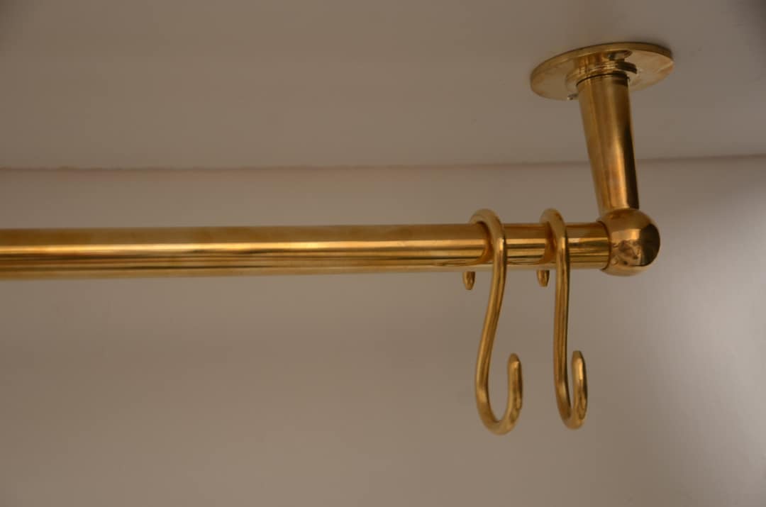 Rustic Ceiling-mounted Rod With S-hooks, Solid Unlacquered Brass ...