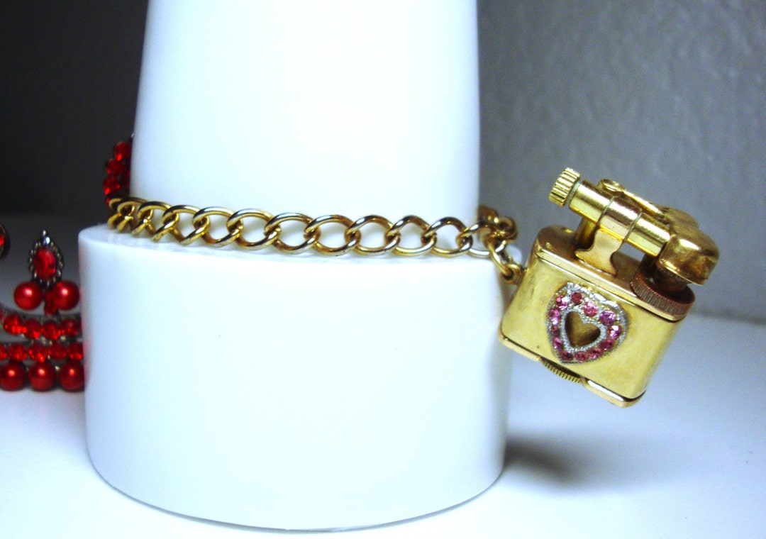 Vintage Lighter Charm Bracelet – Golden Wheel With Rhinestone Heart - Etsy
