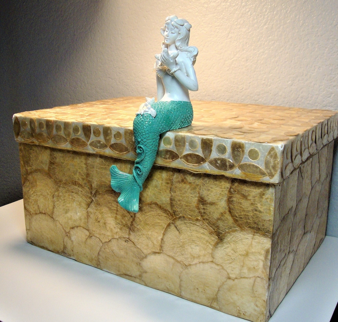 Vintage CAPIZ BOX & MERMAID - Hand Made Capiz Shell Box 15" Long, 11 ...