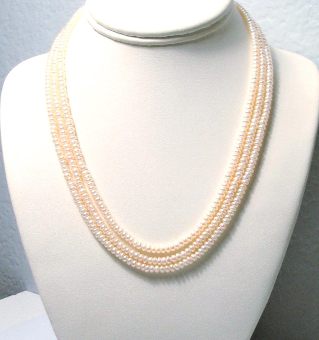 Vintage Creamy-white Cultured Pearl Necklace: Three-strand Button Pearl ...