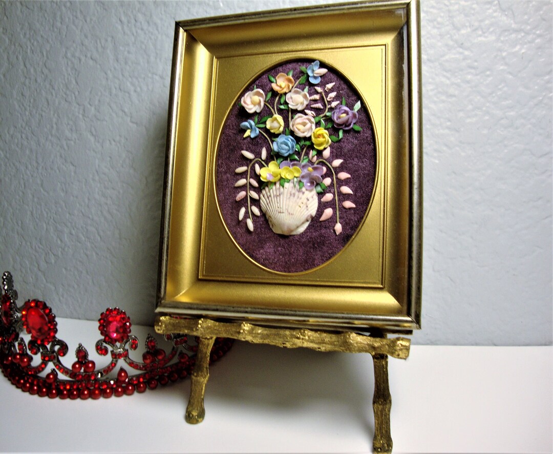 Vintage SHELL ART & EASEL - Bouquet of Miniature Shell Art, Oval Purple ...