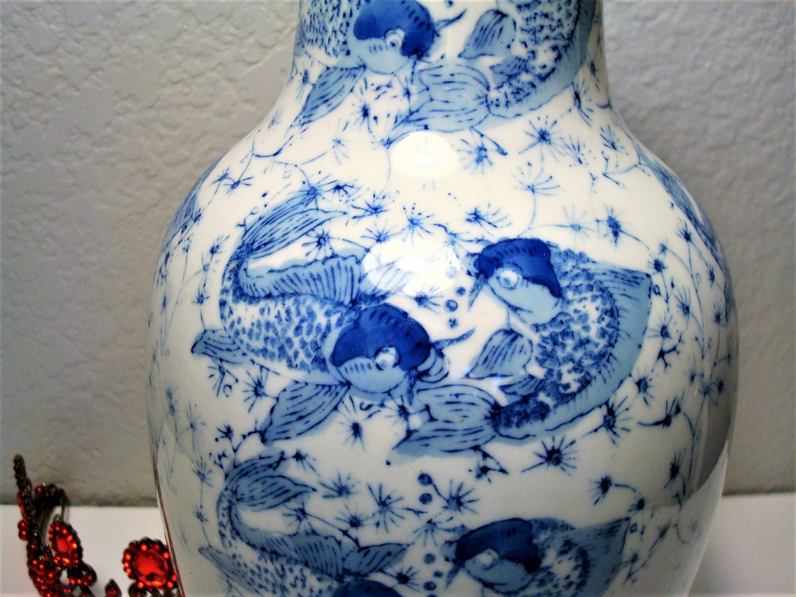 Vintage BLUE KOI VASE Porcelain Blue Koi on White Vase - Etsy