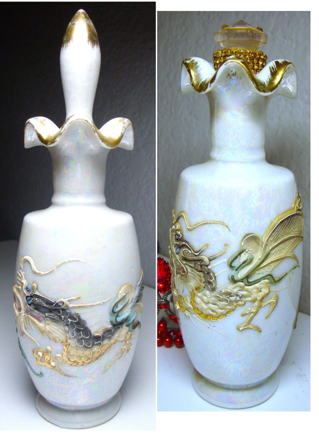 Vintage DRAGONWARE PERFUME BOTTLES - Pair of Unique Pearly White ...