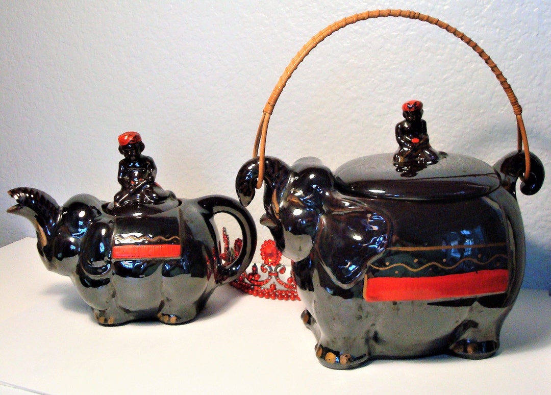 Vintage Elephant Teapot & Creamer Set: Brown Pottery With Wicker Handle ...