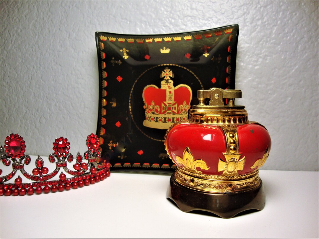Vintage Working CROWN LIGHTER & ASHTRAY - Working Red and Gold Musical ...
