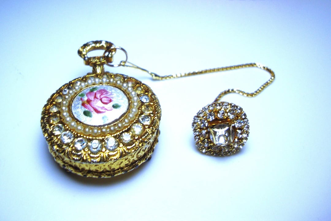 Vintage FLORENZA BOX & FOB - Ornate Rhinestone, White Guillouche Rose ...