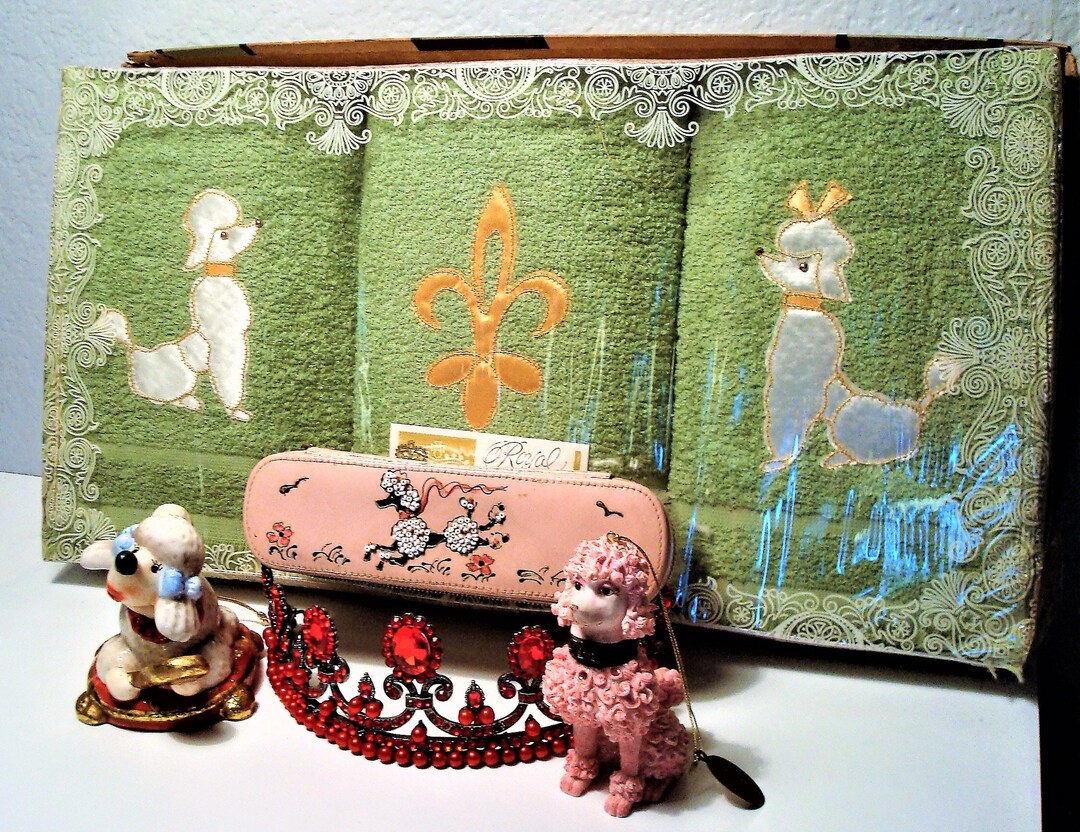 Vintage POODLE DECOR ENSEMBLE Poodle & Fleur De Lis Motif N.O.S. Towel ...