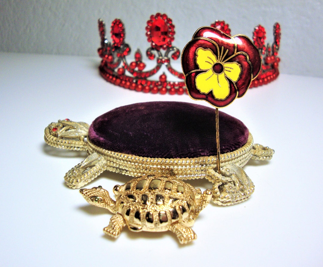 Vintage TURTLES & PANSY PIN - Turtle Pin Cushion Ornate Red Rhinestones ...