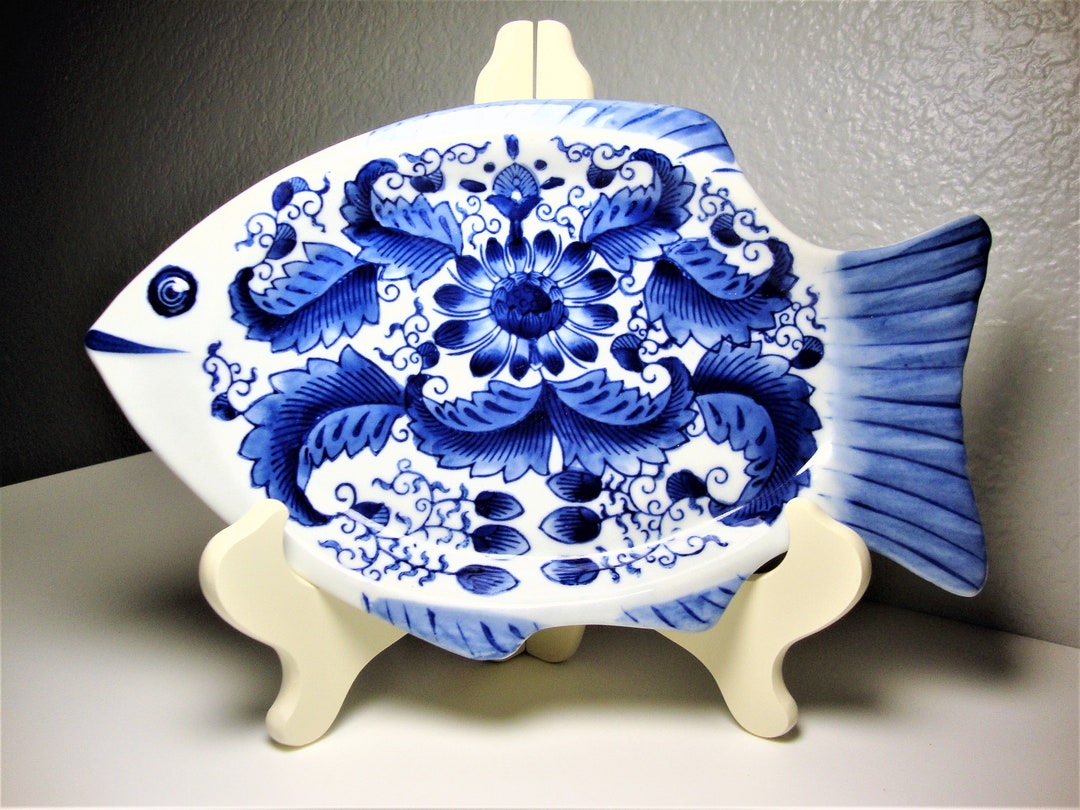 Vintage FISH PLATE & STAND - Porcelain Blue/white Floral Fish-shape ...