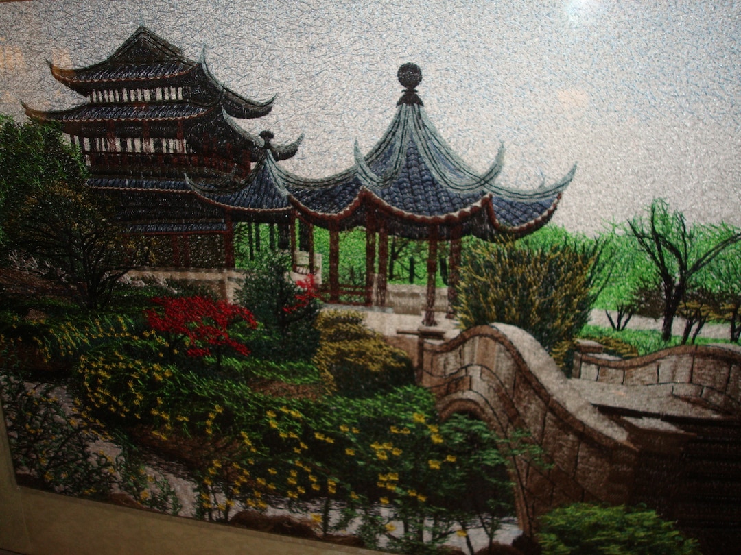 Vintage Oriental Embroidered Pagoda & Bridge Panel - Custom Framed Art ...