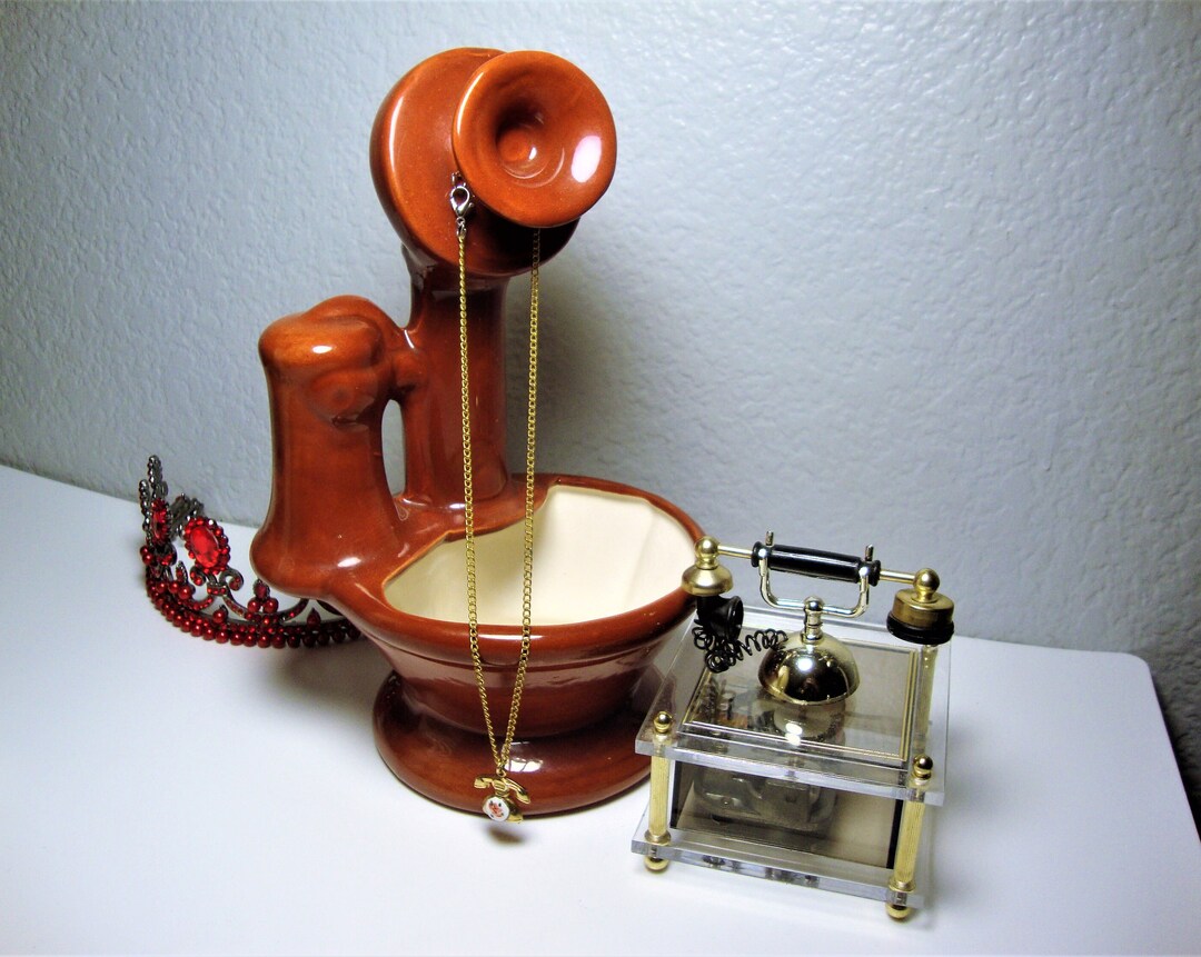 Vintage ROTARY PHONE TRIO - Ceramic Burnt Orange Candlestick Phone ...